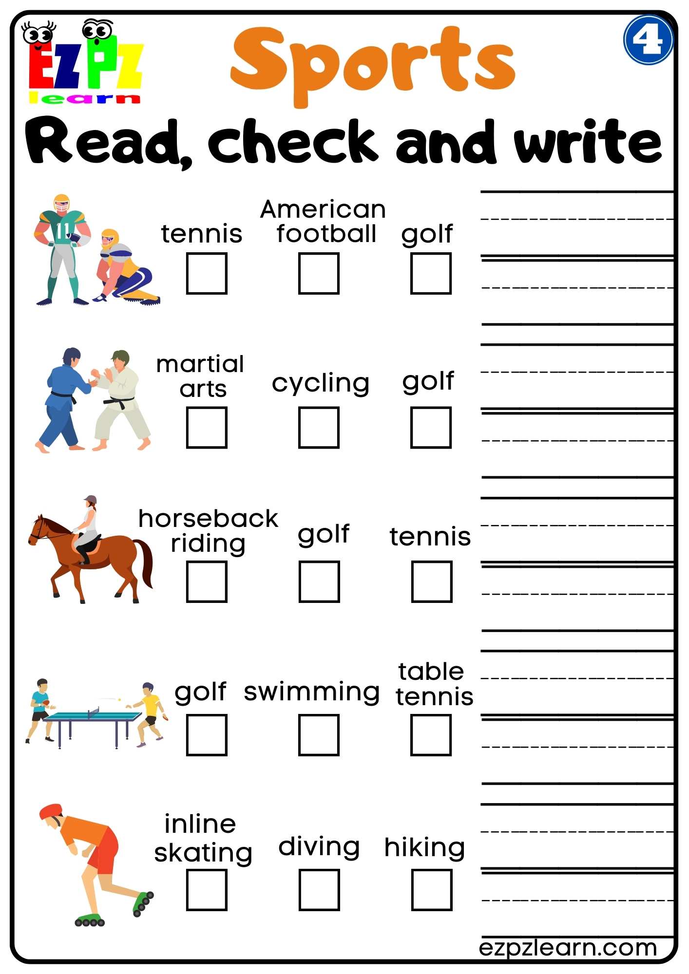 Group 4 Sports Read Check and Write Worksheet for K5 and ESL Students PDF Download - Ezpzlearn.com
